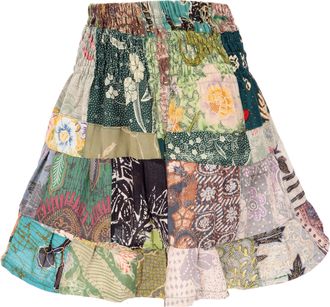 Guru Shop Weit Schwingender Upcyceling Patchwork Minirock, Boho Baumwoll Sommerrock - Grün, Damen, Baumwolle