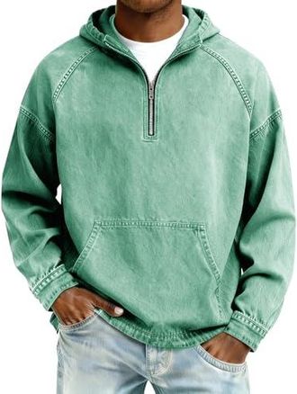 Generic Pull Homme Vintage Zip Quarter Effet D&eacute;lav&eacute; - Haut Oversized Couleurs Lav&eacute;es Col Montant D&eacute;contract&eacute; Casual, Automne Hiver Tendance(Light Green, XXXXL