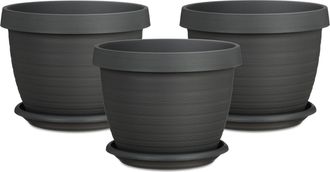 Scheurich 3er Set Blumentöpfe Country Star 40 mit Untersetzern, rund, aus Kunststoff Farbe: Metallic Grey, 39 cm Durchmesser, 30 cm hoch, 21,5 l Vol