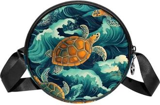 Generic Sac &agrave; bandouli&egrave;re rond pour femme, motif tortues de mer, petit sac &agrave; bandouli&egrave;re avec fermeture &eacute;clair, bretelles r&eacute;glables, sac &agrave; main rond d&eacute;contrac