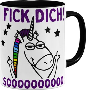 OM3 Fick Dich So Viel - Tasse Guten Morgen Einhorn - Keramik Becher - 11oz 325ml - Beidseitig Bedruckt - Schwarz
