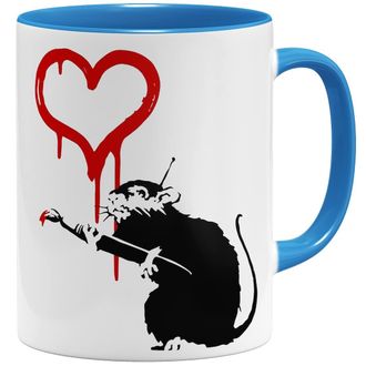 OM3 Love Heart Rat Banksy Tasse - Keramik Becher - 11oz 325ml - Beidseitig Bedruckt - Hellblau
