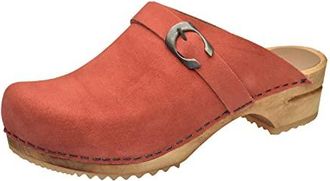 Sanita Hedi | Sabots Ouverts | Produit Original Fabriqué à la Main pour Femme | Sabots en Cuir avec Semelle en Bois | Orange Corail | 37 EU