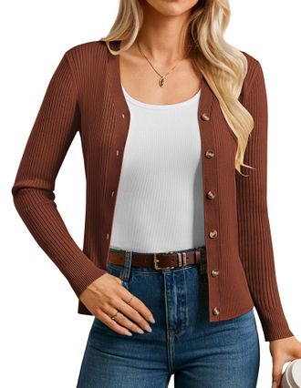 Grace Karin Strickjacke Damen Langarm V-Ausschnitt Gerippt Knopfleiste Elegant Warm Herbstlook Winter Figurbetont