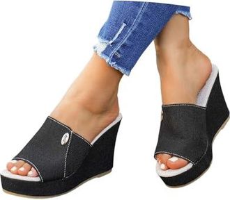 Generic Pantoufles &agrave; Plateforme Femme Confortables et D&eacute;contract&eacute;es avec en Tissu pour D&eacute;tente Int&eacute;rieur et Ext&eacute;rieur (Black-a, 39)