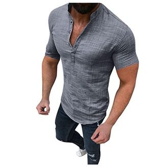 Generic Chemises en lin blanc pour homme - Polo d&eacute;t&eacute; boutonn&eacute; &agrave; manches courtes - T-shirt de plage - T-shirt de sport - T-shirt long et ample pour homme - Hau