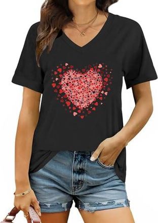 Generic T-shirt imprim&eacute; en forme de coeur pour femme 2026, Noir, M