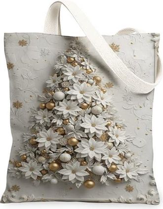 Generic Sacs fourre-tout en toile &agrave; motif floral de No&euml;l, sacs d&eacute;picerie r&eacute;utilisables, l&eacute;gers et lavables, blanc, 13x15 Inch