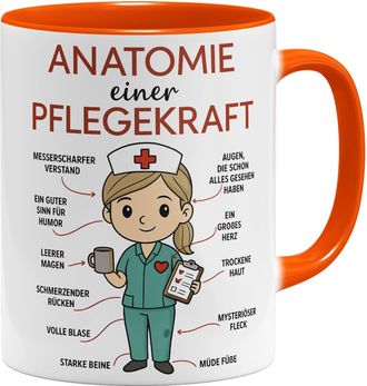 OM3 Anatomie einer Pflegekraft Kaffee-Tasse mit Spruch - Dankesch&ouml;n f&uuml;r Krankenschwester, Pflegerin & Altenpflegerin - Keramik Becher - 325ml - Beidseitig