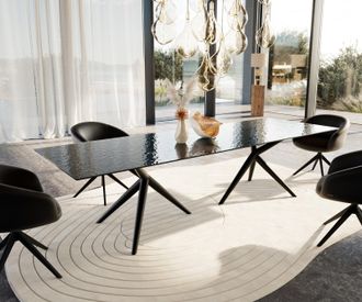 DELIFE Esstisch Edge 300x100 Reliefglas Rauchschwarz 3D-Design Estelar rund Metall Schwarz, Esstische
