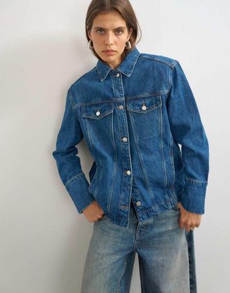 Topshop veste en jean &agrave; &eacute;paules marqu&eacute;es bleu moyen