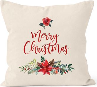 Autiga Kissenbezug Weihnachten Merry Christmas Blumen Weihnachtsstern Christstern Kissen-Hülle traditionell Natur 40cm x 40cm