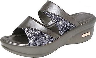 Frcolor Chaussures Femmes Sandales Été Wedge Semelle Épaisse Confortables Pantoufles Avec Décor Brillant Pour Plage Et Usage Quotidien Gris