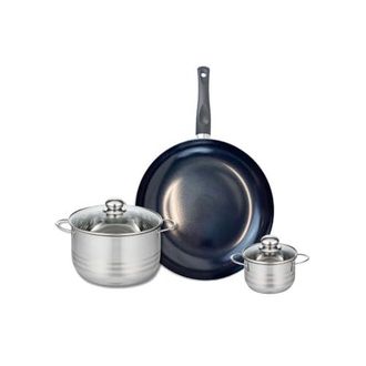 Fackelmann ELO 9719350 Batterie de cuisine 3 pièces, Ensemble de 1 Poêle de cuisson 32 cm et 2 faitouts 12 et 20 cm Elo Prima Brillant, inox, induction