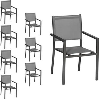 Happy Garden Lot de 8 chaises empilables en Aluminium Anthracite et textil&egrave;ne Gris