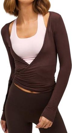 Minetom Femmes Cache-Coeur De Danse Col V Gymnastique Boléro Salle Zumba Aerobic Yoga Pilates Haut Ballet Bandage Cardigan Sportswear A1 Marron XS