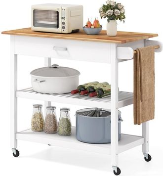 Costway Chariot de Cusine à Roulettes à 3 Niveaux avec Plan de Travail, Tiroir, 2 Étagères Ouvertes et Roulettes Verrouillables, 106 x 50 x 89 cm, Blanc