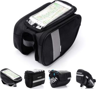 Meteor Fahrradtasche Fahrradrahmentasche Fahrradtasche Fahrradtasche Doppel-Etui wasserdichtes Telefon Pannier mit Touchscreen-Handyh&uuml;lle (TORYS, Schwarz)