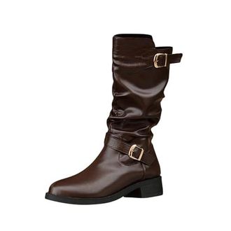 Generic Bottes mi-mollet pour femme &agrave; talon bas confortables pour lext&eacute;rieur - &Eacute;l&eacute;gantes - Fermeture &eacute;clair lat&eacute;rale - Boucle &agrave; talons &eacute;pais - Bottes d&eacute;quitat