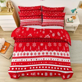 Generic Bettw&auml;sche Set 240 x 220 cm Rot, Minimal Streifen Weihnachten Schneeflocken Muster Bettbezug, Weich Wende Bettw&auml;sche Set f&uuml;r M&auml;dchen mit Rei&szlig;verschlus