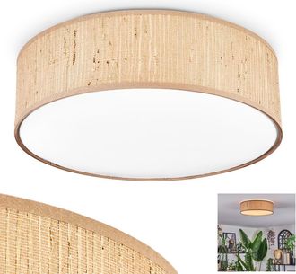 HOFSTEIN Deckenleuchte Foggia, Deckenlampe aus Metall/Papiergeflecht/Stoff/Kunststoff in Nickel-matt/Natur/Braun/Weiß, runde Boho Leuchte (Ø 40 cm), E27, Esszi