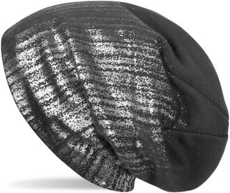 styleBREAKER warme Feinstrick Beanie M&uuml;tze mit Metallic Print und Fleece Innenfutter, Slouch Longbeanie, Unisex 04024132, Farbe:Dunkelgrau/Silber