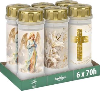 Bolsius Bolsius - Grablicht nr 6 + Deckel - Mit Motiv - 6 St&uuml;ck - Brenndauer 70 Stunden - Enth&auml;lt Nat&uuml;rliches Pflanzenwachs - Ohne Palm&ouml;l