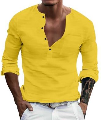 Generic T-shirt &agrave; manches longues pour homme - Style vintage - En coton - Grandes tailles - Col montant - Chemise de plage - Col rond - Chemise d&eacute;t&eacute; &eacute;l&eacute;gante 