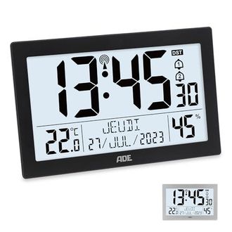 ADE Horloge Radio pilotée avec Chiffres XXL | Horloge Murale ou de Table | Bon à Lire | avec éclairage | Affichage de Temperature et humidité | thermomètr