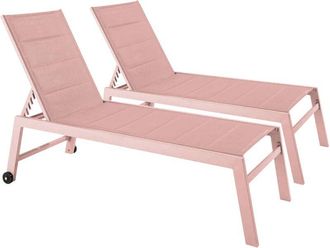 Oviala Lot de 2 bains de soleil en aluminium et textil&egrave;ne rose poudr&eacute;