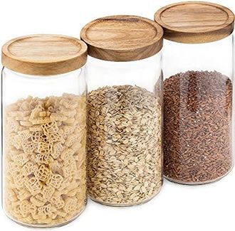 Navaris 3X Bocal en Verre Herm&eacute;tique - Lot 3X Pot avec Couvercle en Bois pour Conservation Alimentaire - Riz P&acirc;tes C&eacute;r&eacute;ales Farine - 950 ML