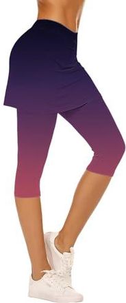 Generic Pantalon de yoga 3/4 pour femme - Taille haute avec jupe - Legging de sport - Pantalon de sport - Pantalon de sport - Pantalon de tennis - Stretch l&eacute;g