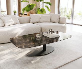 DELIFE Couchtisch Edge Boot 140x80 cm Keramik Emperador Extra Lucidato Dunkelbraun Vibany Metall Schwarz, Couchtische