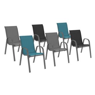 IDMarket Idmarket - Set aus 6 stapelbaren Gartenst&uuml;hlen lyma aus Metall und Textilene in Grau, Schwarz und Blau