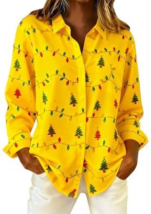 Generic Chemisier &agrave; manches longues pour femme - Col en V - Boutonn&eacute; - Imprim&eacute; tendance - T-shirt &agrave; manches longues - Chemise d&eacute;contract&eacute;e - Coupe ample - Che