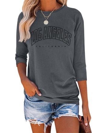 TOMWELL T-Shirt Damen 3/4 Arm Shirt Rundhals Grafik Druck Tshirt Sommer Leichte Pullover Oberteile B Dunkelgrau XL