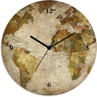 Artland Wanddeko Wanduhr ohne Tickgeräusche Glas Quarzuhr Ø 30 cm Rund Lautlos Weltkarte