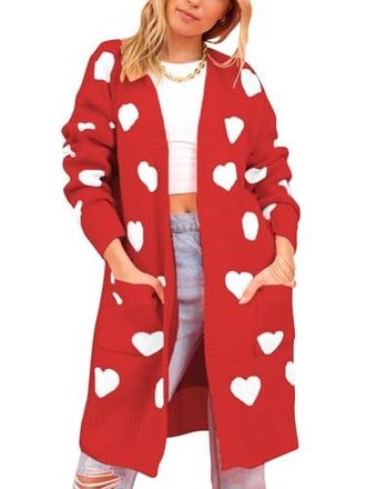 Generic Cardigan long pour femme, coupe d&eacute;contract&eacute;e, motif coeur mignon, col en V, ouvert sur le devant, manteau en tricot c&ocirc;tel&eacute; avec poches, noir, taille L