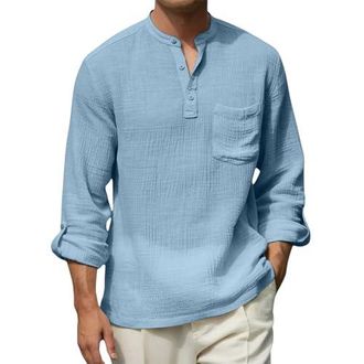 Generic Chemise &agrave; manches longues pour homme - Coupe classique - Col Henley - Col grand-p&egrave;re - T-shirt intelligent &agrave; demi-boutons - Coupe ajust&eacute;e - Sans col -