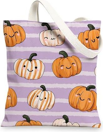 Generic Sacs fourre-tout en toile mignons, motif citrouille amusant, sacs dépicerie réutilisables, légers et lavables avec bandoulière, violet, 13x15 Inch