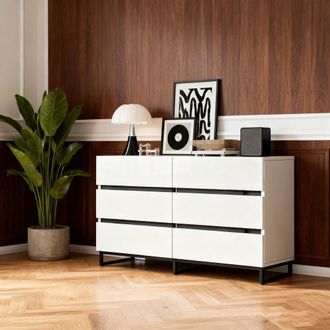 Generic Wohnzimmer Sideboard 140x39,5x78,5 cm in Weiß/Schwarz - Hochglanz-Kommode mit 6 Schubladen und 3 Metallbeinen - Stabler Beistellschrank (White + Parti