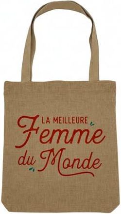 Fabulous Sac Shopping Tote Bag Aspect Lin - La Meilleure Femme du Monde Mariage Epouse Anniversaire - Sac de Courses Toile Epaisse 360g Beige Naturel Cabas Por