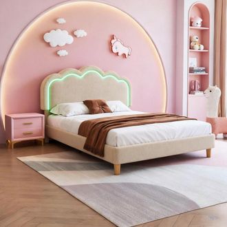 Generic LED-Einzelbett mit verstellbarem Kopfteil und Samtbezug, 90x200 cm Polsterbettgestell in Rosa mit Lattenrost für Schlaf- und Gästezimmer (Beige)