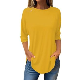 Generic Hauts &agrave; manches 3/4 pour femme - T-shirt d&eacute;contract&eacute; &agrave; manches longues - Col rond - Grande taille - Haut de sortie tendance - Couleur unie - Haut &agrave; ma