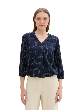 Tom Tailor Damen Bluse mit Muster & V-Ausschnitt,35889 - Delicate Navy Check Design, 40