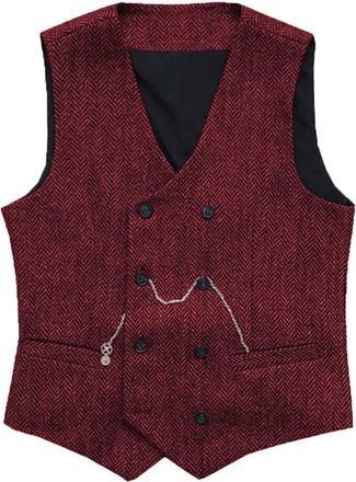 Solovedress Herren Jahrgang Anzug Weste Zweireihig Wolle Tweed Weste f&uuml;r Hochzeit Groomsmen(Burgund,XXXL)
