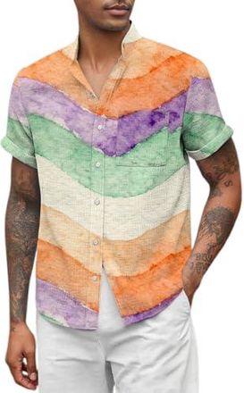 Generic Chemise &agrave; manches courtes boutonn&eacute;e pour homme - Chemise d&eacute;t&eacute; imprim&eacute;e - Col montant - Chemise d&eacute;contract&eacute;e - Grande taille - Haut graphique avec poch