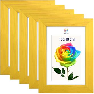 MG Design 5er Set Bilderrahmen 13 x 18 cm - Fotorahmen mit Gelb Echtholzrahmen und bruchsicherem Acrylglas, Hoch & Quer zum Aufh&auml;ngen, zum Aufstellen