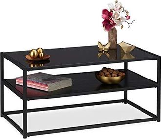 Relaxdays Couchtisch Glas, 2 Ablagen, Metall & Glasplatte, Sofatisch für Wohnzimmer, HxBxT: ca. 42 x 90 x 50 cm, schwarz