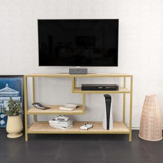 Hanah Home Glamorous TV Stand, Gold & Oak, 120 x 39 x 75 cm | 100% Melamine Coated Particle Board, 18 mm Thick, Sturdy Metal Frame | Stylish & Functional Design 